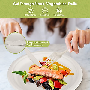 Fuyit 250Pcs Compostable Paper Plates with Cutlery Set, Disposable Biodegradable LONG Utensil Eco-Friendly Dinnerware Includes Plates, Fork, Knife & Spoon for Party, Camping, Picnic (White)