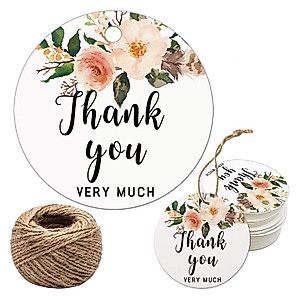 Thank You for Celebrating with Us Tags, 100Pcs Floral Thank You Tags for Wedding Birthday Baby Shower Party Favors, Paper Gift Tags with 100 Feet Jute String