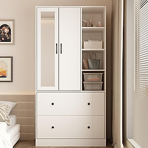 Hitow 2 Door Wardrobe Armoire Closet with Mirror, 35.5" W Wooden Wardrobe Cabinet with Hanging Rod & 2 Drawers, Bedroom Armoire Dresser Wardrobe Clothes Organizer, White