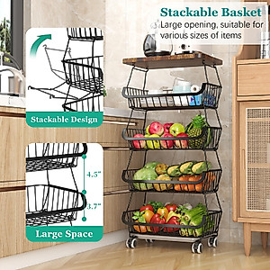CHLORYARD Fruit Basket with Wooden Lid for Kitchen, 5-Tier Stackable Wire Fruit Vegetable Storage Basket Organizer Stand on Wheel, Produce Basket Potato Onion Storage Bins Rack Cart for Pantry