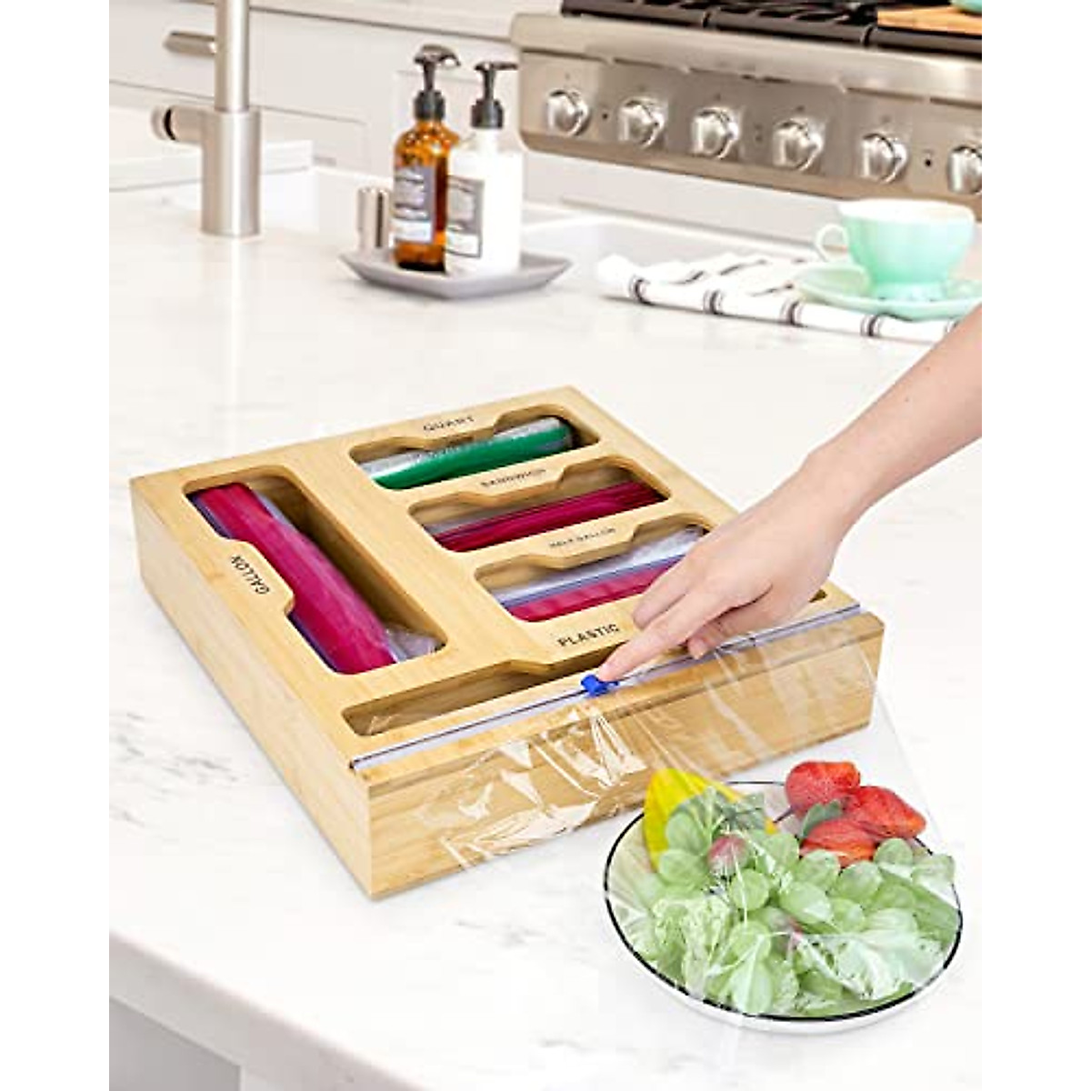 Zgioo Ziplock Bag Storage Organizer for Kitchen Drawer, Storage Bag Organizer with Foil Dispenser, compatible with Quart, Gallon and Snack Bags (1 box 5 slots 1 sliding cutter)