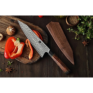 XINZUO 8.5 inch Chef Knife Damascus Steel Hand Forged Kiritsuke Kitchen Knife, Professional Gyuto Knife-Desert Ironwood Handle with Black Walnut Wooden Sheath and Acacia Wooden Box