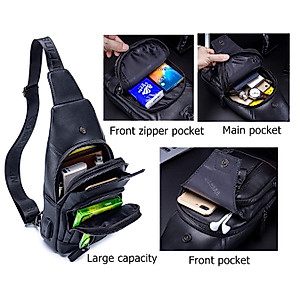 BULLCAPTAIN Men Sling Crossbody Bag with USB Charging Port Genuine Leather Shoulder Chest Bag Travel Hiking Backpack (Black)
