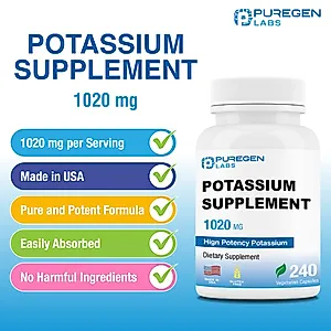 Puregen Labs Potassium Bicarbonate Supplement 1020 mg | Non-GMO | Gluten Free | Made in USA | 240 Vegetarian Capsules