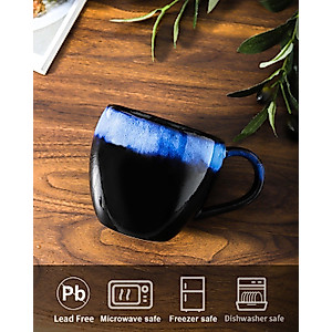 glowworm 16 oz Coffee Mugs, Ceramic Coffee Cups with Spoon, Large Coffee Mugs for Men/Women, Coffee Cups for Latte, Cocoa, Office, Home, Microwave & Dishwasher Safe, Set of 2, Black