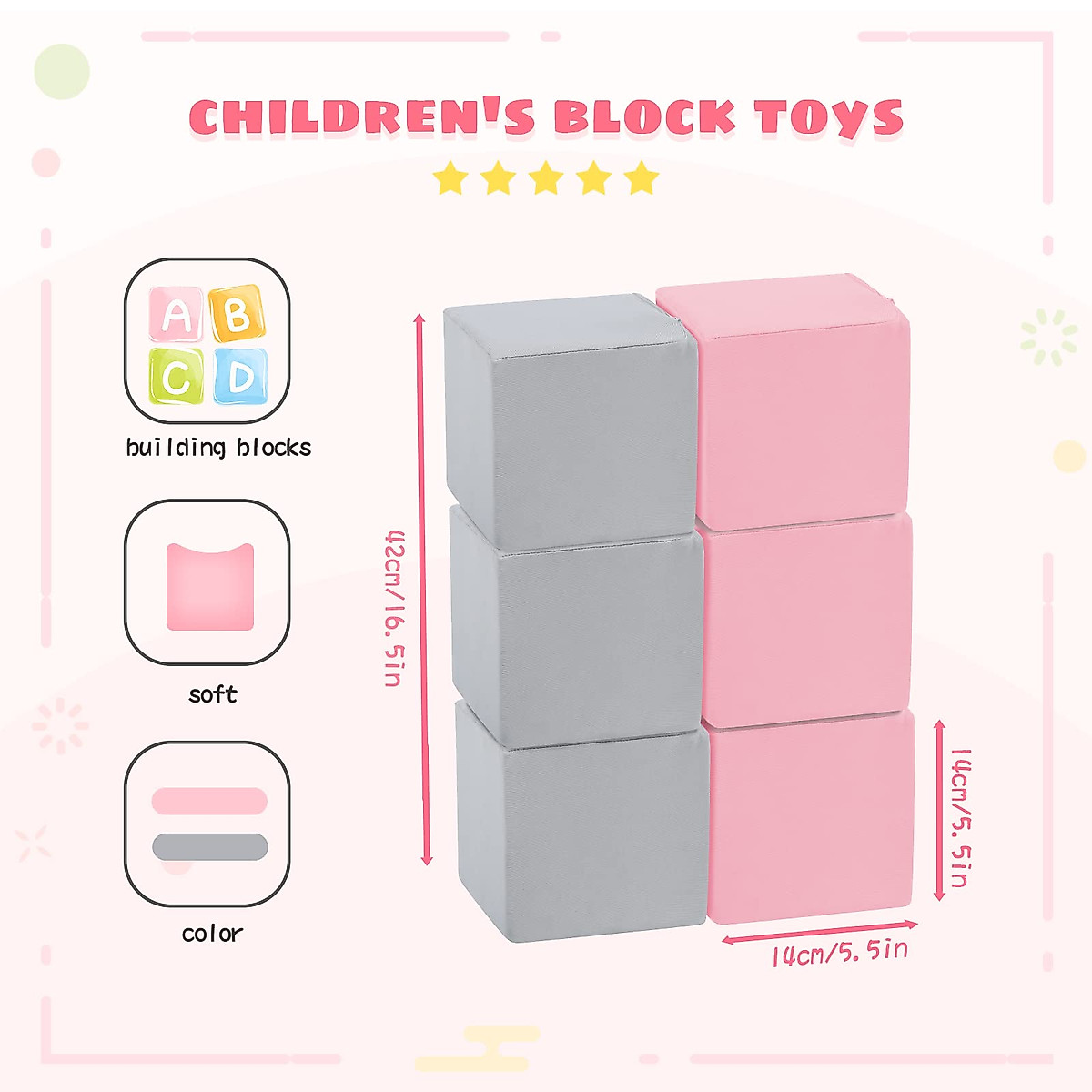 TRENDBOX 6 Pcs Toddler Foam Blocks, 5.5inch Soft Foam Cubes Blocks with Detachable Washable Cover, Soft Play Blocks for Toddlers and Kid （Light Gray/Pink）…