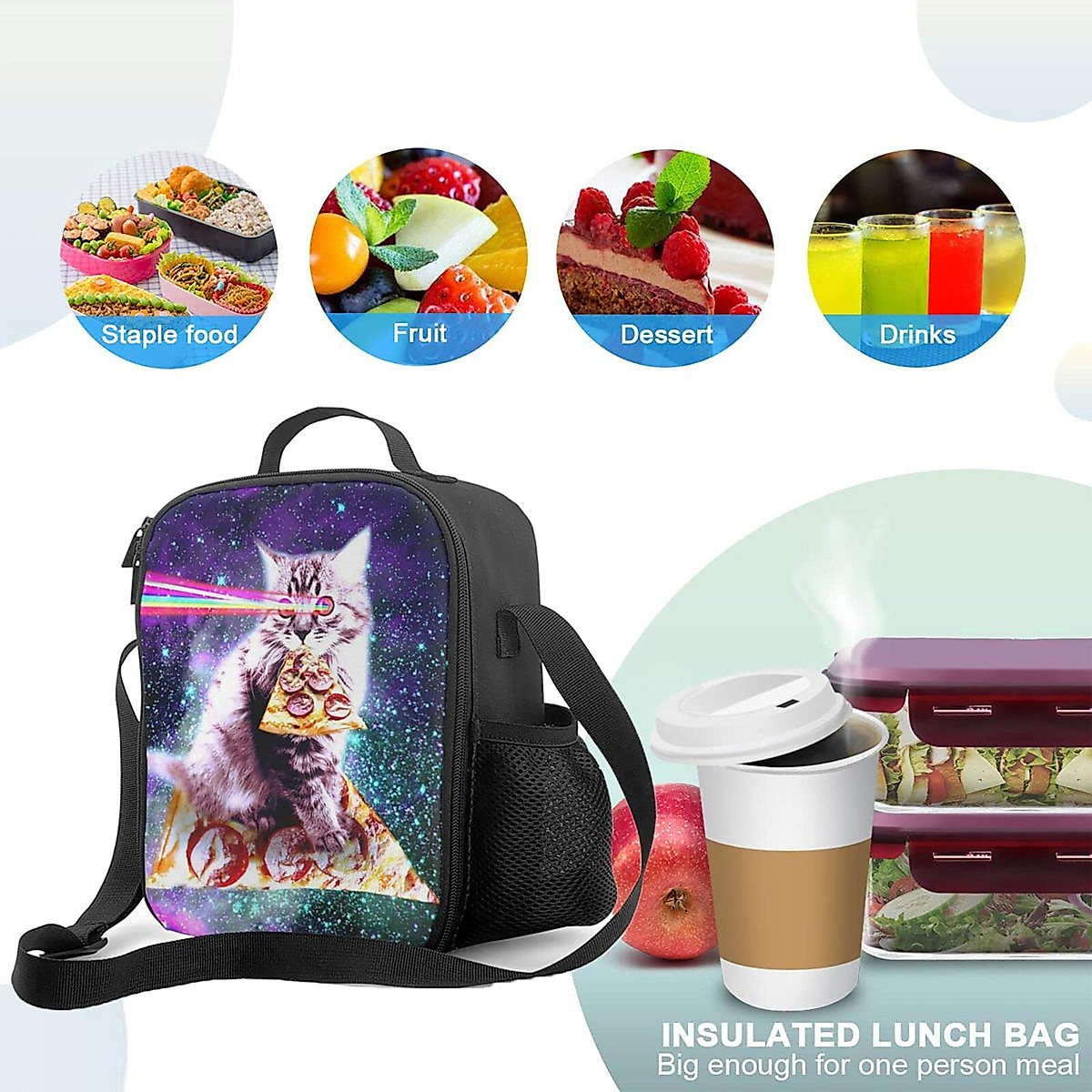 PrelerDIY Galaxy Pizza Cat Lunch Box - Insulated Lunch Bag for Kids with Side Pocket & Shoulder Strap Snack Bags, Perfect for School/Camping/Hiking/Picnic/Beach/Travel