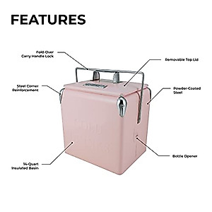 Permasteel 14-Quart Small Cooler Ice Chest | Retro Vintage Classic Style Hard Metal Cooler, PS-A205-14QT-PK, Beverage Cooler for Camping Beach Picnic, Pink