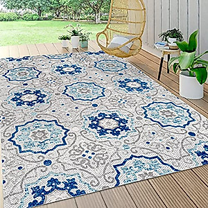 JONATHAN Y AMC101A-8 Mediterranean Medallion Indoor Outdoor Area-Rug Bohemian Floral Easy-Cleaning High Traffic Bedroom Kitchen Backyard Patio Porch Non Shedding, 8 X 10, Blue/Gray