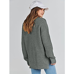 ANRABESS Womens Oversized Sweater Long Sleeve Loose V Neck Button Jumper Casual Waffle Side Slit Knit Pullover 2024 Clothes X-Large Gray Green