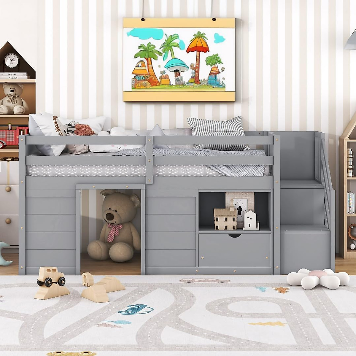 Okak Twin Size Low Loft Bed with Playhouse Loft Bed Frame with Drawer, Shelf,Stairs and Safety Guardrail for Teens, Girls or Boys Loft, Strong Wood Slats Support,Gray