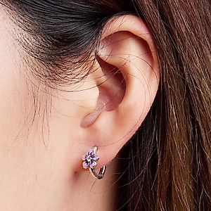 Qings Flower Small Hoop Earrings for Women, S925 Sterling Silver Hypoallergenic Huggie Hoop Earrings Purple Fresh Flower Earrings Jewelry Gifts for Women