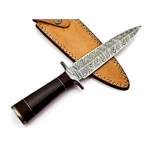 Nooraki DK-347 Handmade Damascus Steel Fixed Blade Dagger Knife with Leather Sheath, Multipurpose Knife with Coloured Bone and Rosewood Handle for Hunting, Hiking, Camping, Survival, 11 length