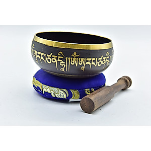 3.75" Tibetan Meditation Yoga Singing Bowl Black Set with free Wooden Mallet and Silk Cushion from Nepal, Singing bowls.