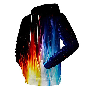 Neemanndy Red and Blue Fire Flame Graphic 3D Hoodies Realistic Print Outer Sports Sweaters for Men and Women, Large