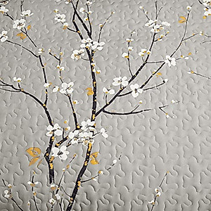 3 Pieces Quilt Set Queen Full Size 88x88 Gray Branch Floral Style Soft Reversible Microfiber Lightweight Coverlet Bedspread Summer Bedding Set Bed Cover for All Season (1 Quilt+ 2 Shams)