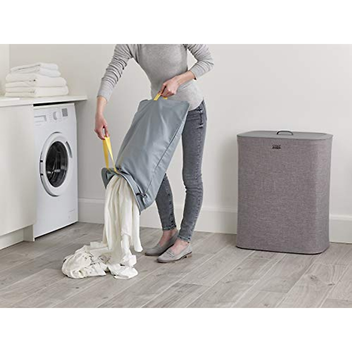 Joseph Joseph Tota 90-liter Laundry Hamper Separation Basket with lid, 2 Removable Washing Bags with Handles - Grey