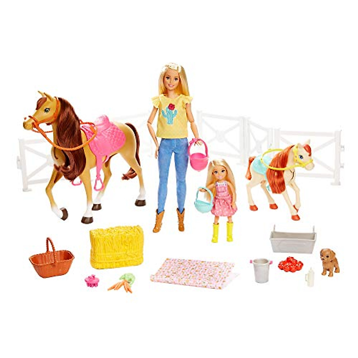 Barbie Playset and Chelsea Blonde Dolls, 2 Horses with Bobbling Heads and 15+ Toy Accessories That Include Corral Fencing, Feeding, Grooming, Nurturing and Horseback Riding Pieces