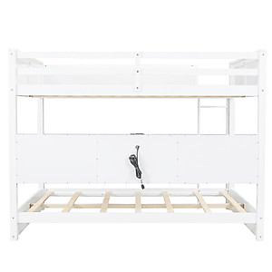 XD Designs Wood Bunk Bed Queen Over Queen Size with Built-in Storage Cabinets and USB Ports, Versatile Bunk Bed Frame with Ladder and Guardrail for Kids Teens Adult, Maximize Space (White-9.30)