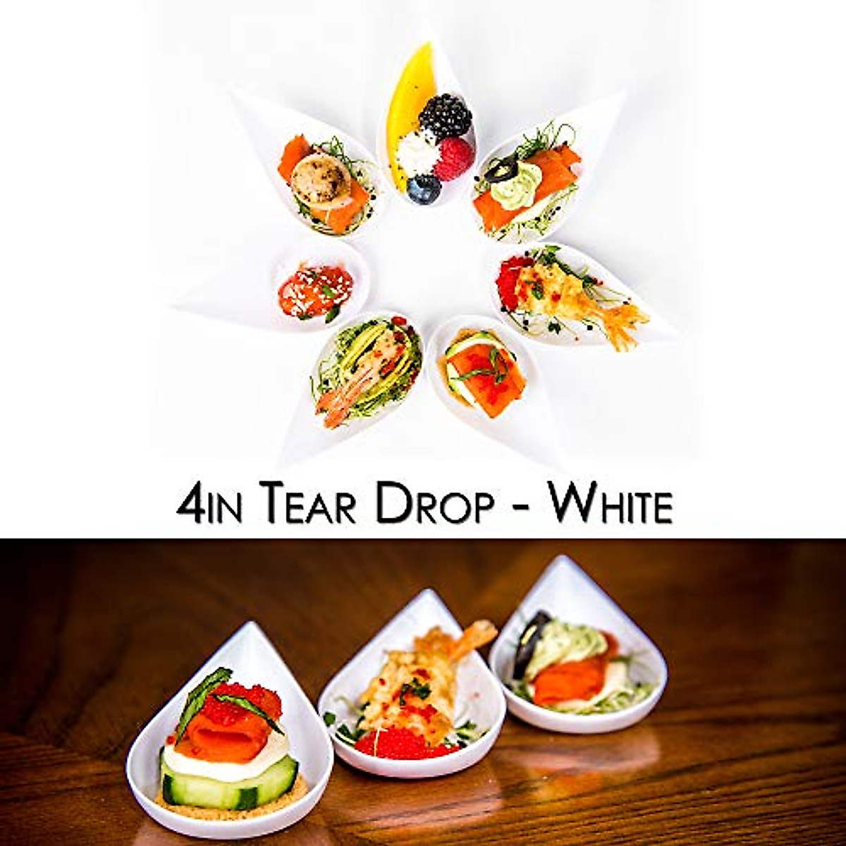 DLux 100 4-in Tear Drop Mini Appetizer Plates, Reusable White Plastic Spoons - Desserts and Appetizers Dishes Serving Plate - Asian Spoon Set, Small Catering Dessert Tasting Cups - with Recipe Ebook