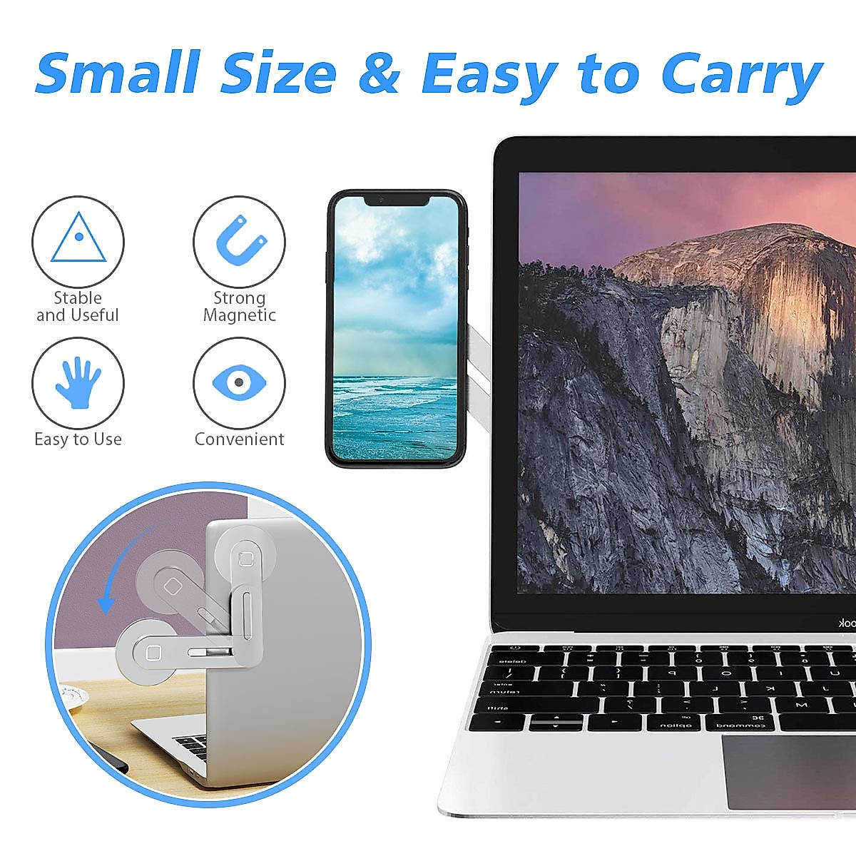 CloudValley Magnetic Phone Holder for Laptop Designed for iPhone 15/14/ 13/12 MagSafe, Adjustable Phone Monitor Side Mount, Slim Portable Foldable Computer Expansion Bracket, Silver
