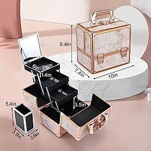 Costravio Makeup Train Case Rose Gold Cosmetic Box with Mirror & Brush Holder Home or Travel Organizer for Make-up and Jewelry Storage Box with 3-Tier Tackle Trays Portable Lockable Golden Marble