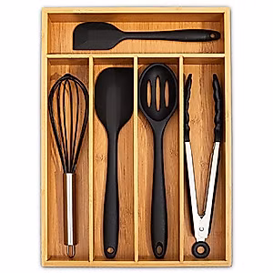 Ohwin Bamboo Drawer Organizers Kitchen Silverware Organizer with 5 Compartments, Flatware Drawer Organizer Tray - Bamboo Hardware Organizer Cutlery and Utensil Tray, Perfect for the Kitchen, Bathroom