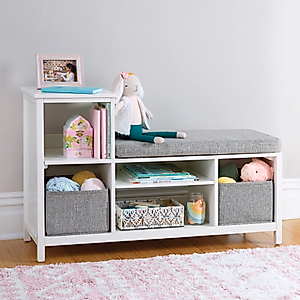 Martha Stewart Kids' Jr. Reading Nook with Bins - Creamy White: Kids Wood Bookshelf and Storage Bench with Open Shelves and Canvas Storage Bins for Toys, Games, and Books | Toddler Room Furniture