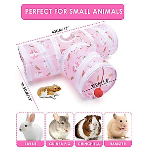 Bissap Rabbit Tunnel, 9.8'' Collapsible Bunny Tunnel and Tube 3 Ways Pet Hideout with 1 Play Ball for Indoor Kittens Dwarf Rabbits Bunnies Guinea Pigs Chinchillas Small Animal Activity Fun Toys (Pink)