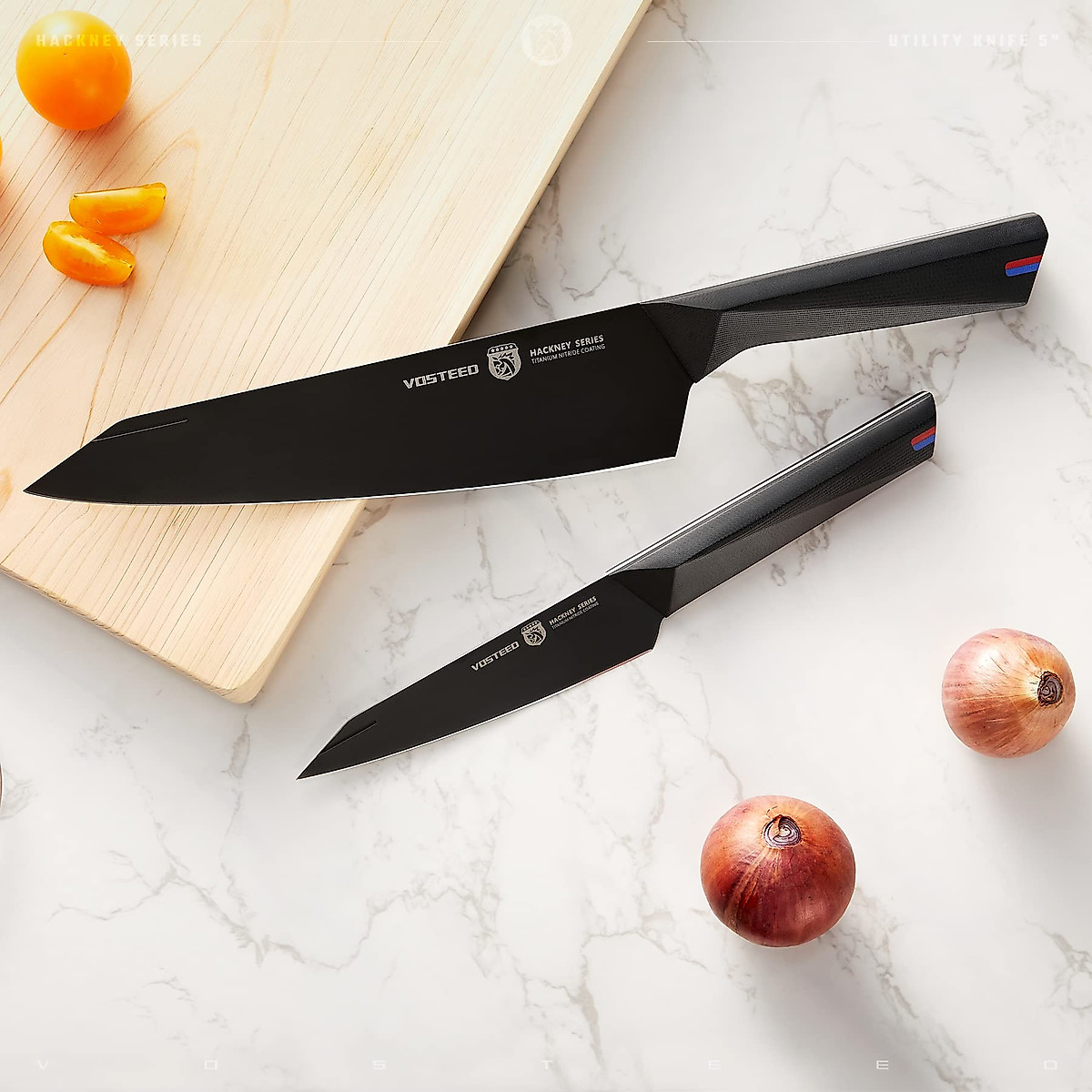 Sharp Kitchen Knives Set of 2-8.5 Inch Chef Knife & 5 Inch Kitchen Utility Knife, Pro Chopping & Cutting Knife with High Carbon 7CR17MOV Stainless Steel & Titanium Nitride Coated