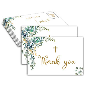 Eyouyeqi Baptism Thank You Post Cards, Greenery Baby Shower Thank You Card, Gold Foil 1st Communion Religious Christening Ceremony Celebration, Gender Reveal Party Decorations - A03(25 Pack)