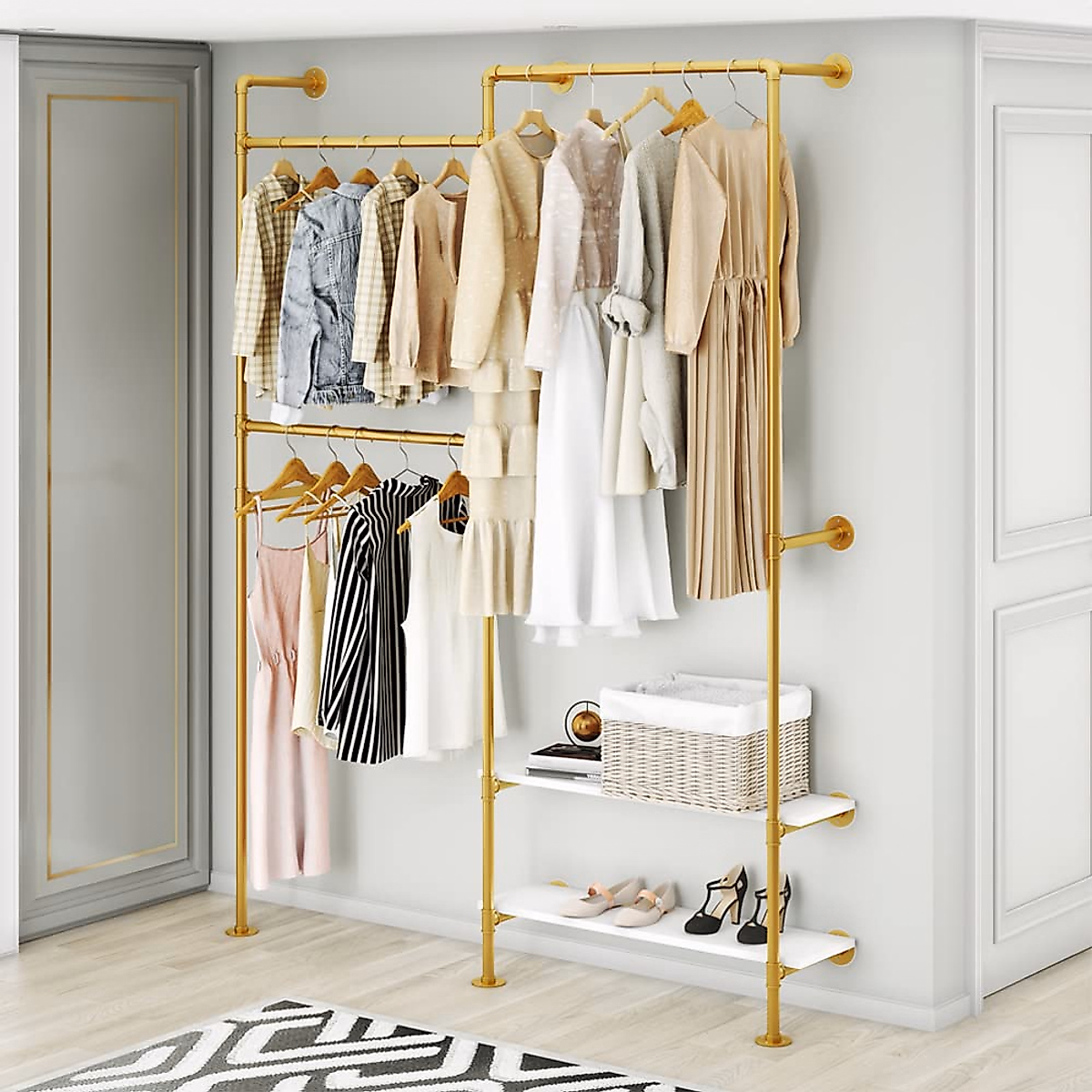 KaKaBB Gold Pipe Clothing Rack, Clothes Rack for Wardrobe, Bedroom and as walk-in Closet System, Double Hanging Rods Clothes Rack with Shelves,Heavy Duty Clothes Rack Wall Mounted(Gold)