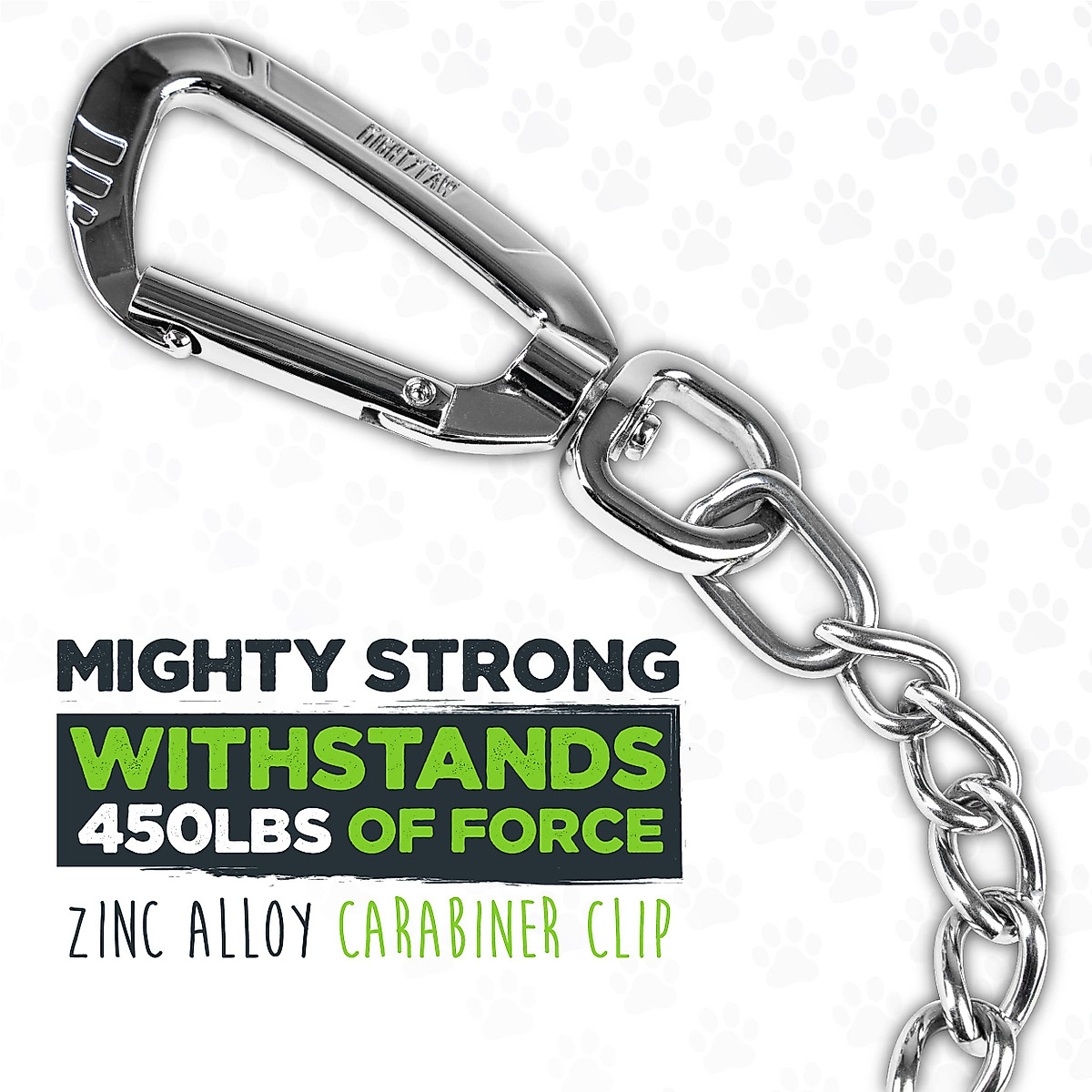 Mighty Paw Chain Dog Leash - Anti Bite Pet Lead - Stainless Steel Links - Reflective Padded Handle - Carabiner Clip - Chew Proof for Strong Dogs - 4’ Dog Walking Chain Leash - Leash Metal (Grey/Green)