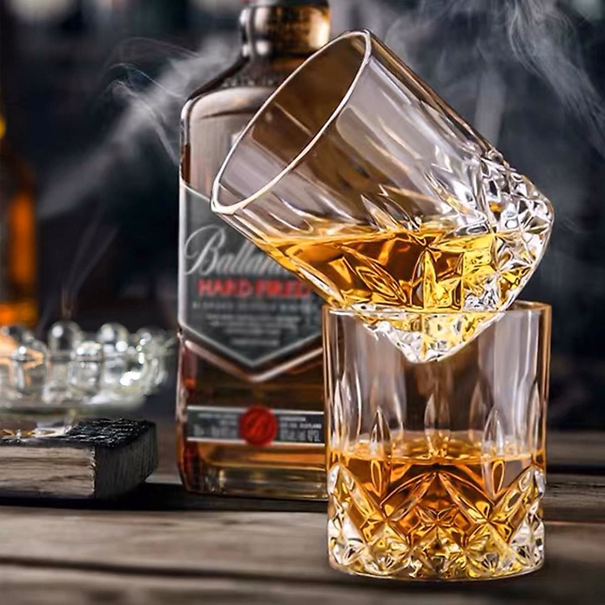 BYJOBEI Whiskey Rocks Glass, 2 Crystal Bourbon Glasses, 2 Ice Ball Molds 2 Coasters In Gift Box, 11 Oz Rock Barware for Bourbon Scotch Cocktail Vodka, Unique Gifts for Men