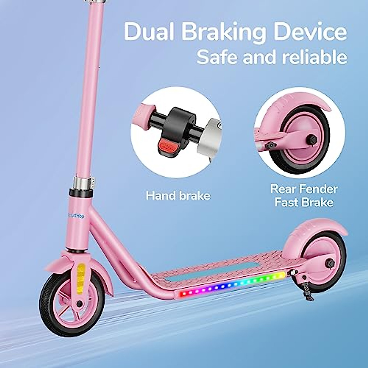 Scoothop Kids Electric Scooter,Colorful Rainbow Lights Electric Scooter with Bluetooth Music Speaker, LED Display,4 Height Adjustable and 3 Speed Adjustment,Electric Scooter for Kids Ages 6-12(Pink)