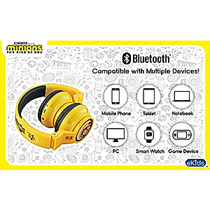 eKids Minions Kids Bluetooth Headphones, Wireless Headphones with Microphone Includes Aux Cord, Volume Reduced Kids Foldable Headphones for School, Home, or Travel