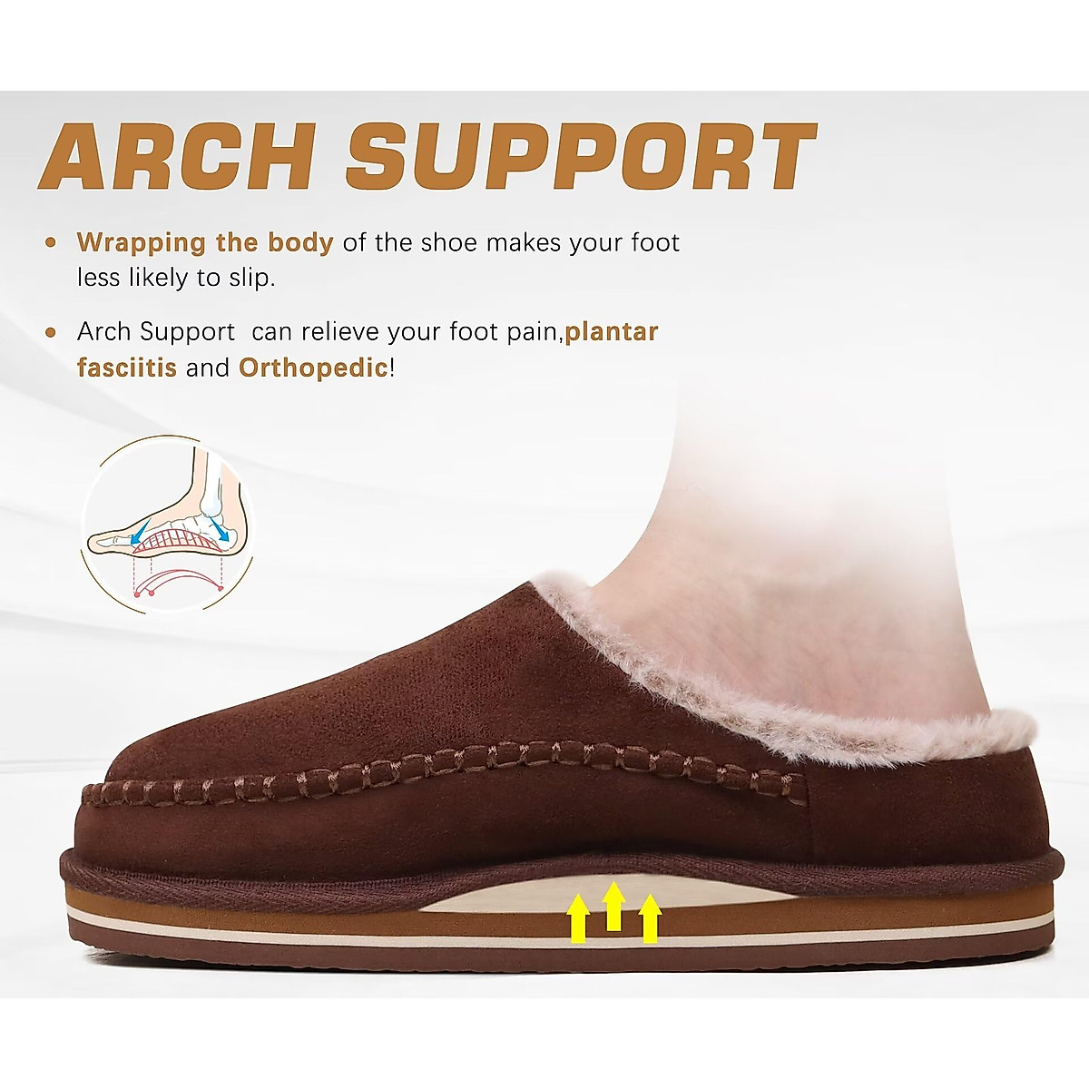 KuaiLu Mens Slippers with Orthotic Arch Support Suede Faux Fur Fluff Plush Wool-like Warm House Shoes Comfortable Slip-on Bedroom Indoor Outdoor Clogs Slippers for Man, Size Brown 11