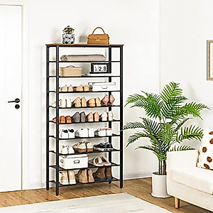 MAHANCRIS 10-Tier Shoe Rack, Shoe Organizer for Closet, Entryway, Large Capacity Shoe Shelf, for 36-40 Pairs of Shoes, Stable Sturdy, Shoe Storage with 9 Metal Mesh Shelves, Rustic Brown SRHR1101Z