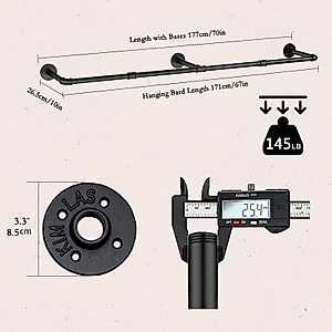 roundki Clothing Rack Wall Mounted, 70in Industrial Pipe Clothes Racks for Hanging Clothes, Heavy Duty Pipe Hanging Rod Garment Rack Bar for Closet Laundry, Max Load 145LbS Metal Black (2)