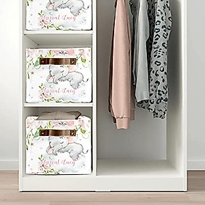 Elephant Pink Floral Custom Storage Basket ,Personalized Storage Bins Cubes Organizer with Handle for Bedroom Wardrobe,Nursery,Basket 1 Pack