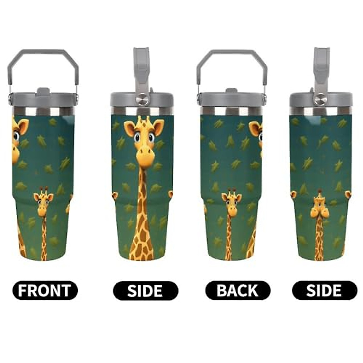 30oz Stainless Steel Insulated Tumbler with Flip Lid & Straw, Leakproof Travel Mug for Car, Cartoon Giraffe Double Wall Vacuum Thermal Coffee Cup with Handle, Spill-Proof Design for Hot/Cold Drinks