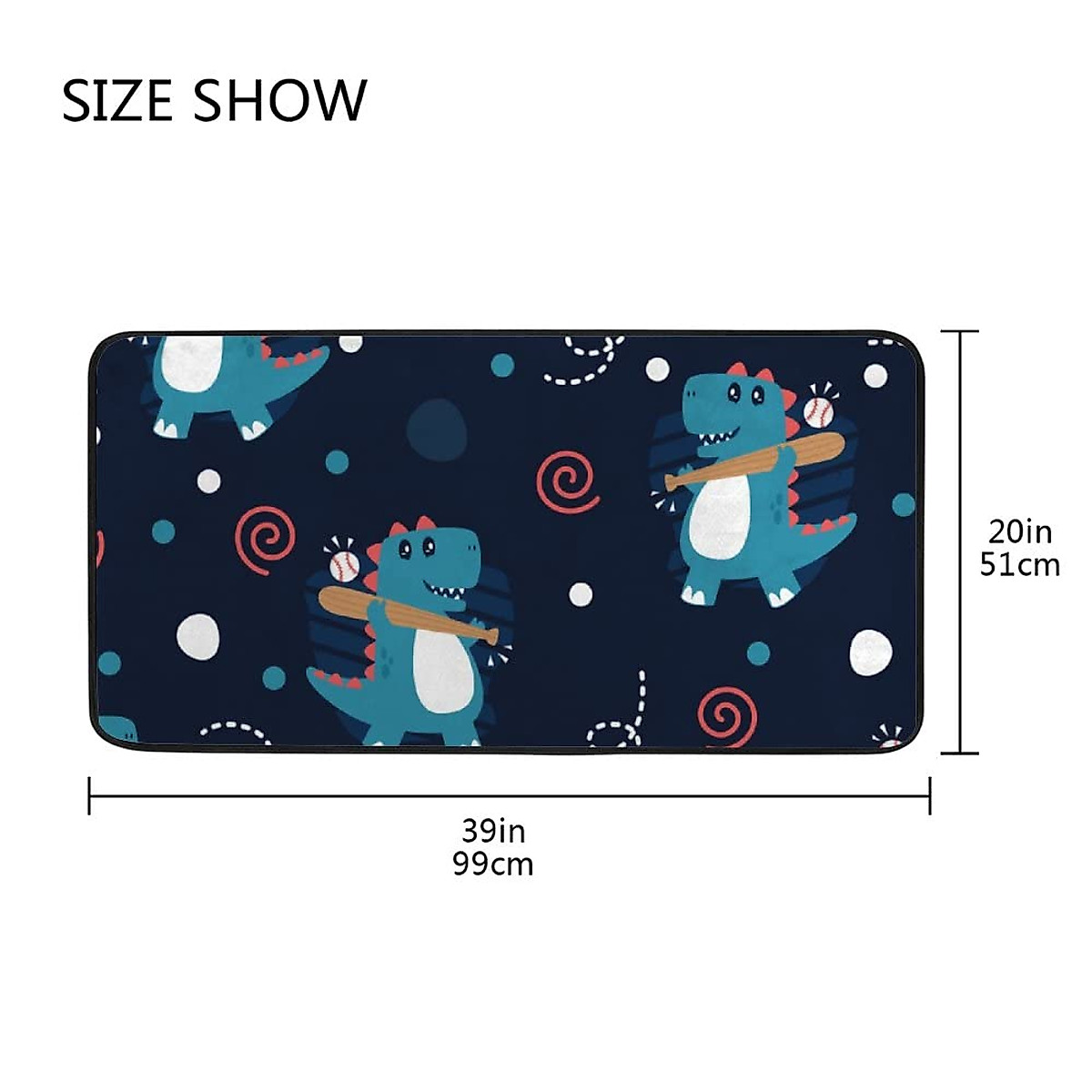 Kitchen Mat Rug Comfort Standing Mat Dinosaur Baseball Cartoon Soft Absorbent Runner Rug for Hallway Entryway Bathroom 39x20 inch