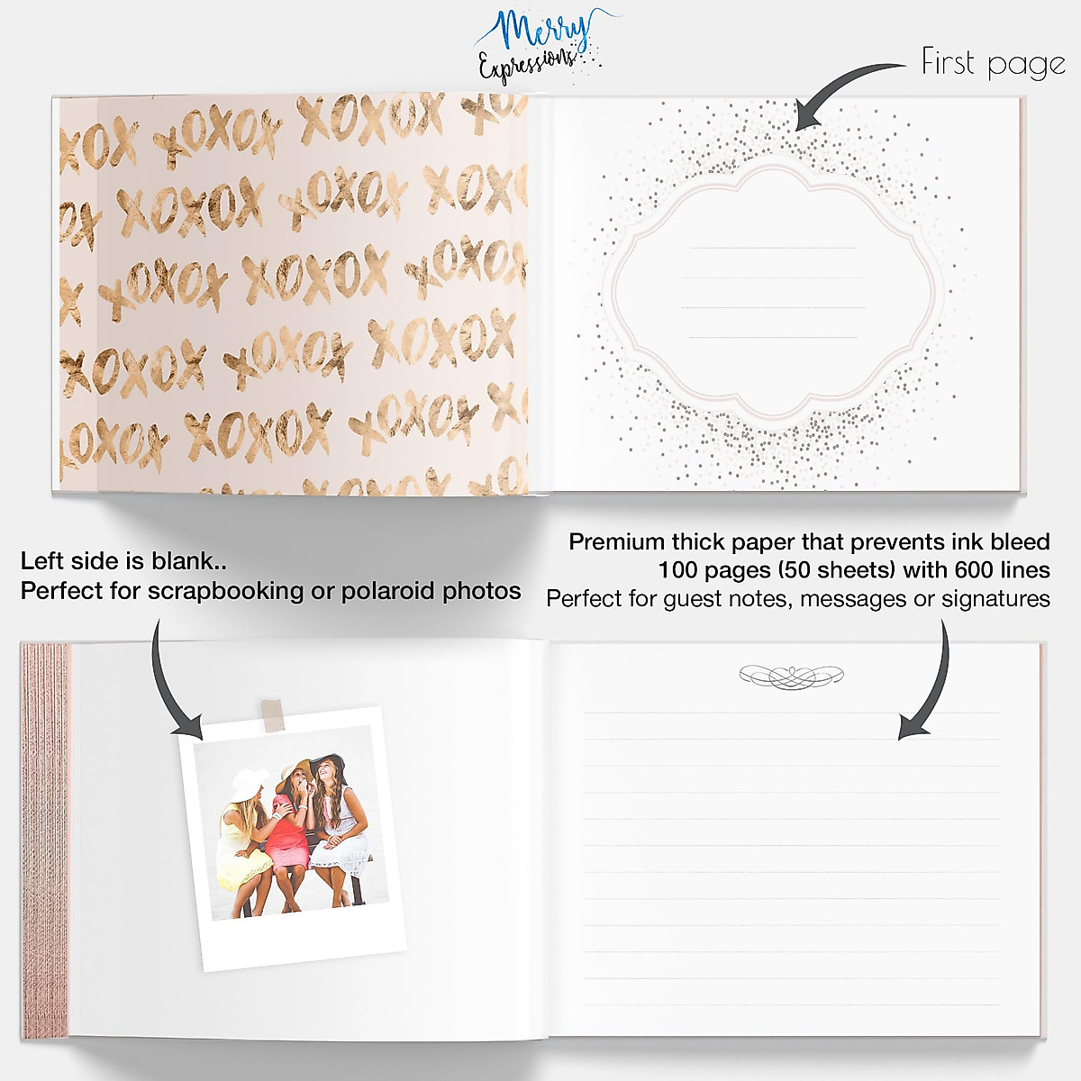 Merry Expressions Rose Gold Guest Book Wedding Reception with Pen & Sign - Polaroid Guest Book for Bridal or Baby Shower & Birthday Parties - Pink Foil Texture Guestbook, Gilded Pages 7"x9" inches
