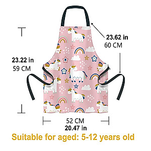 fangyunri Kids Apron with Pocket for Girls Unicorn Rainbow 6-12 Pink Child Art Smock Kitchen Bib Waterproof Toddler Chef Apron Adjustable Neck Strap for Cooking Painting Baking Crafting Art Gardening