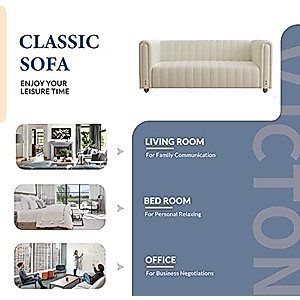 RUNOLIG Velvet Couch, Upholstered Chesterfield Sofa with Unique Level Arms and Golden Ball Legs, Comfy Couch with Vertical Stripe Style and Wooden Frame, Couches for Living Room, Apartment (White)