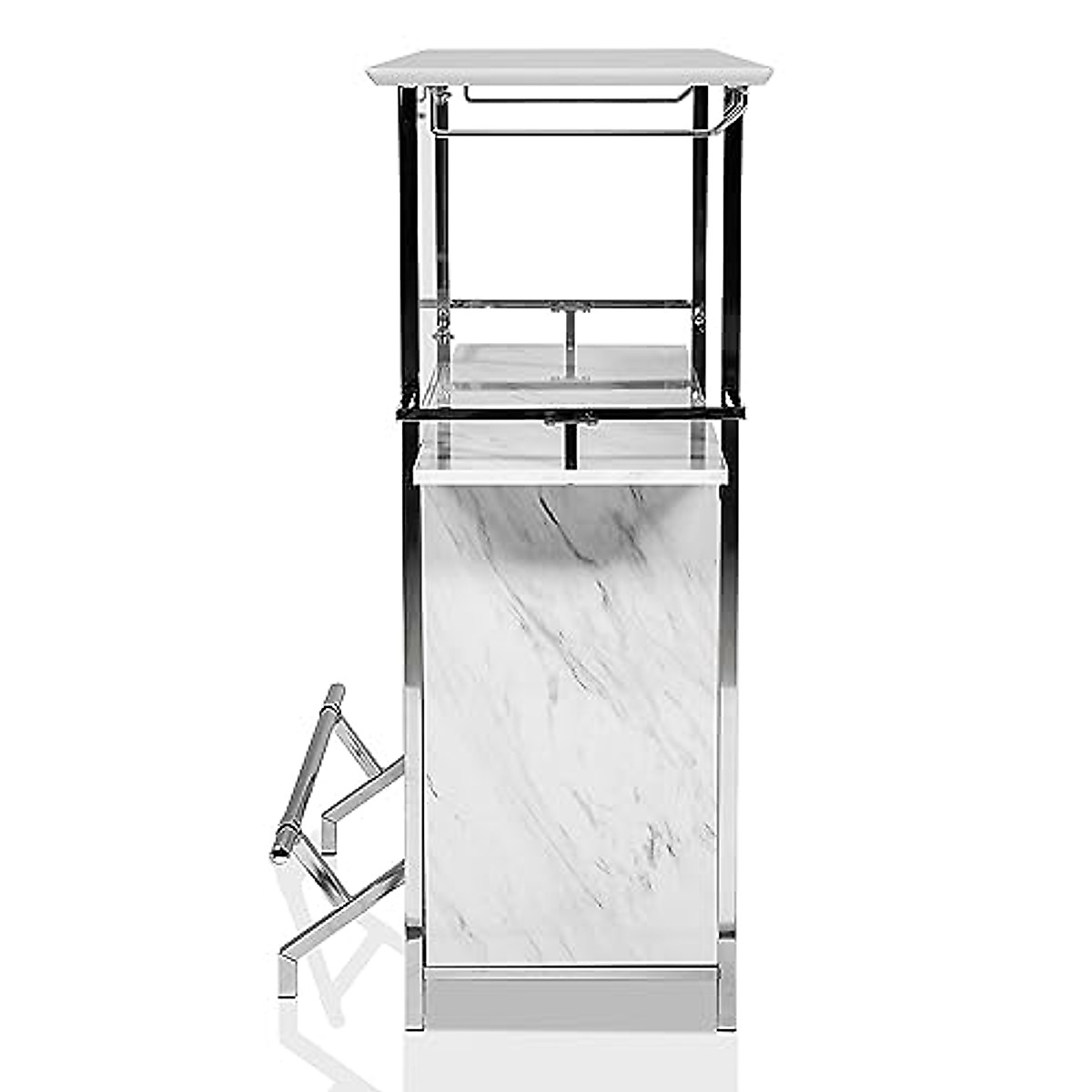 Furniture of America Linda Glam Faux Marble Multi-Storage Bar Table with Comfortable Footrest for Dining Room, Kitchen, White and Chrome