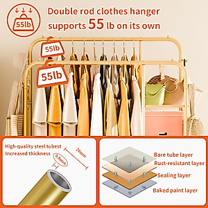 JOISCOPE 47'' * 65'' Heavy Duty Clothes Rack, Double Rods Clothing Racks for Hanging Clothes, Garment Rack with 4 Tier Closet Shelves & 4 Hooks for Clothing Storage, Metal Gold Clothing Rack