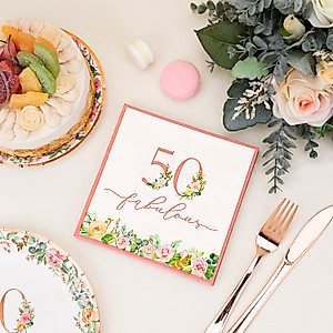 Crisky 50th Birthday Napkins and Plates for Women Rose Gold Floral Party Decoration, 50 and Fabulous Plates and Napkins for Women 50th Birthday.