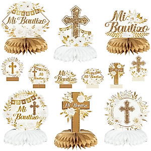 FFyhiinski Floral Mi Bautizo Honeycomb - 12P Christmas Cross Baptism Random Party Centerpiece Sage Glitter God White Religious Decor God Bless Confirmation Photo Props Girls Boys Birthday Baby Shower