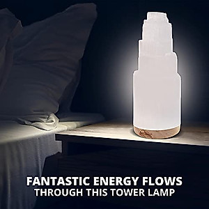 WBM Selenite Crystal Lamp 20cm, Hand Curved Morocco |Skyscraper| Crystals and Healing Stones,(ETL Certified) with Wooden Base & USB Charging Cable For Healing Cleansing & Meditation